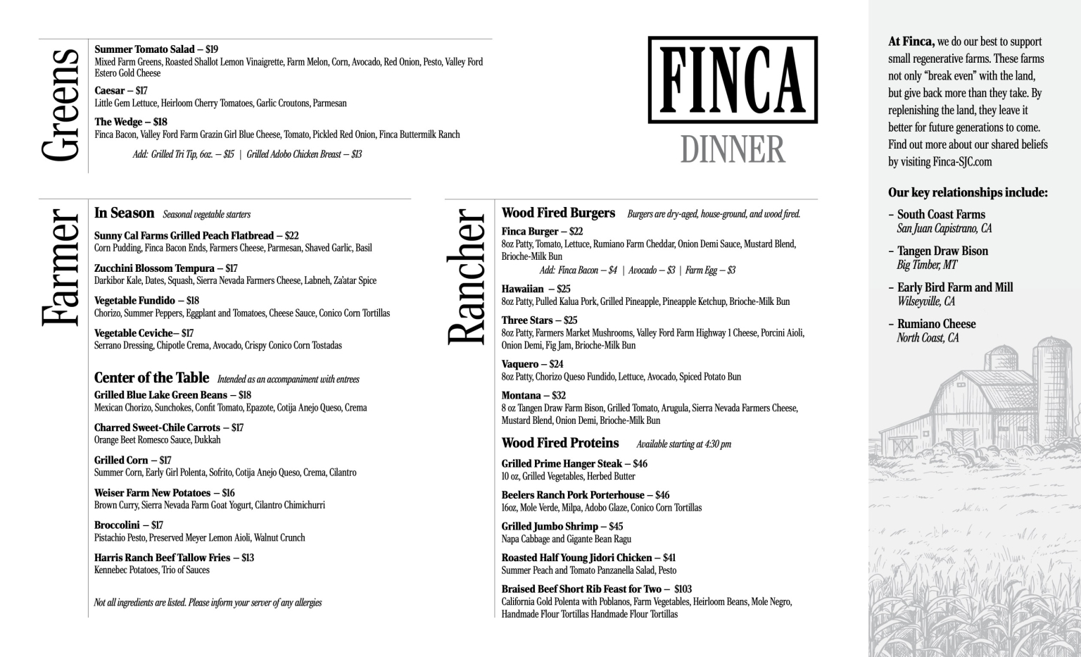 Dinner Menu – Finca