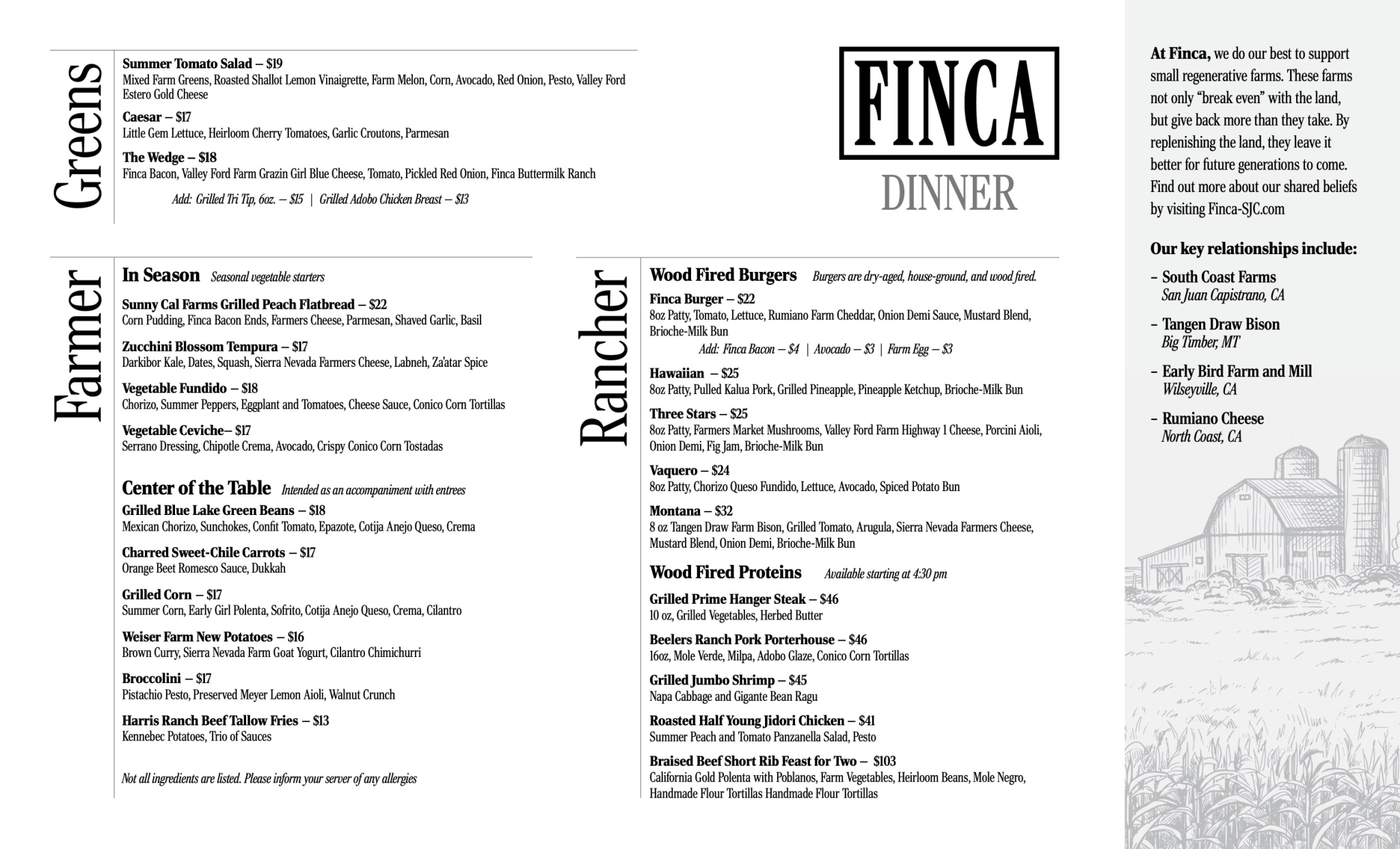 Dinner Menu – Finca